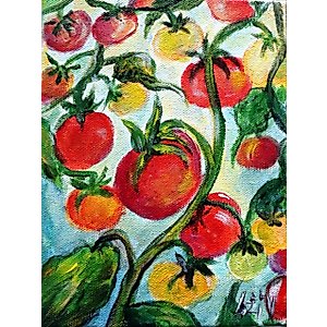 Cherry Tomatoes on the Vine, Food Art, Kitchen Decor, Vegetables Oil Painting, Red Yellow Mini Tomatoes Wall Decor