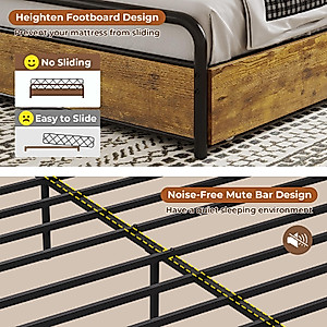 DICTAC Queen Bed Frame with Storage Headboard and Charging Station Metal Platform Bed Frame with Led Lights Queen Size Led Bed Frame with 4 Drawers,No Box Spring Needed, Noise-Free, Rustic Brown