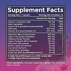 ULTALIFE Blood Pressure Supplements - Advanced Blood Pressure Supplement Complex - Hawthorn Berry, Hibiscus, Garlic, Forskolin - 14 Vitamins & Herbs, 30 Day Supply in Veggie Capsules