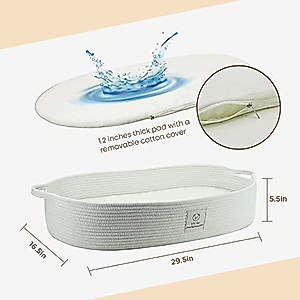 Baby Changing Basket with Thick Mattress Waterproof & Portable. 100% Cotton Rope Baby Basket, Gift & Diaper Organizer for Newborns, Nursery Decor Changing Table Topper for Dresser.