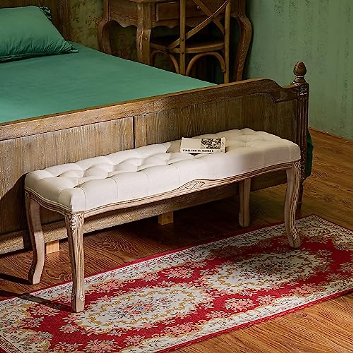 VONLUCE French Vintage Bench with Padded Seat & Rubberwood Legs, 44" Upholstered Entryway Bench & Dining Bench, Tufted Fabric End of Bed Bench for Bedroom Living Room Hallway More, Beige