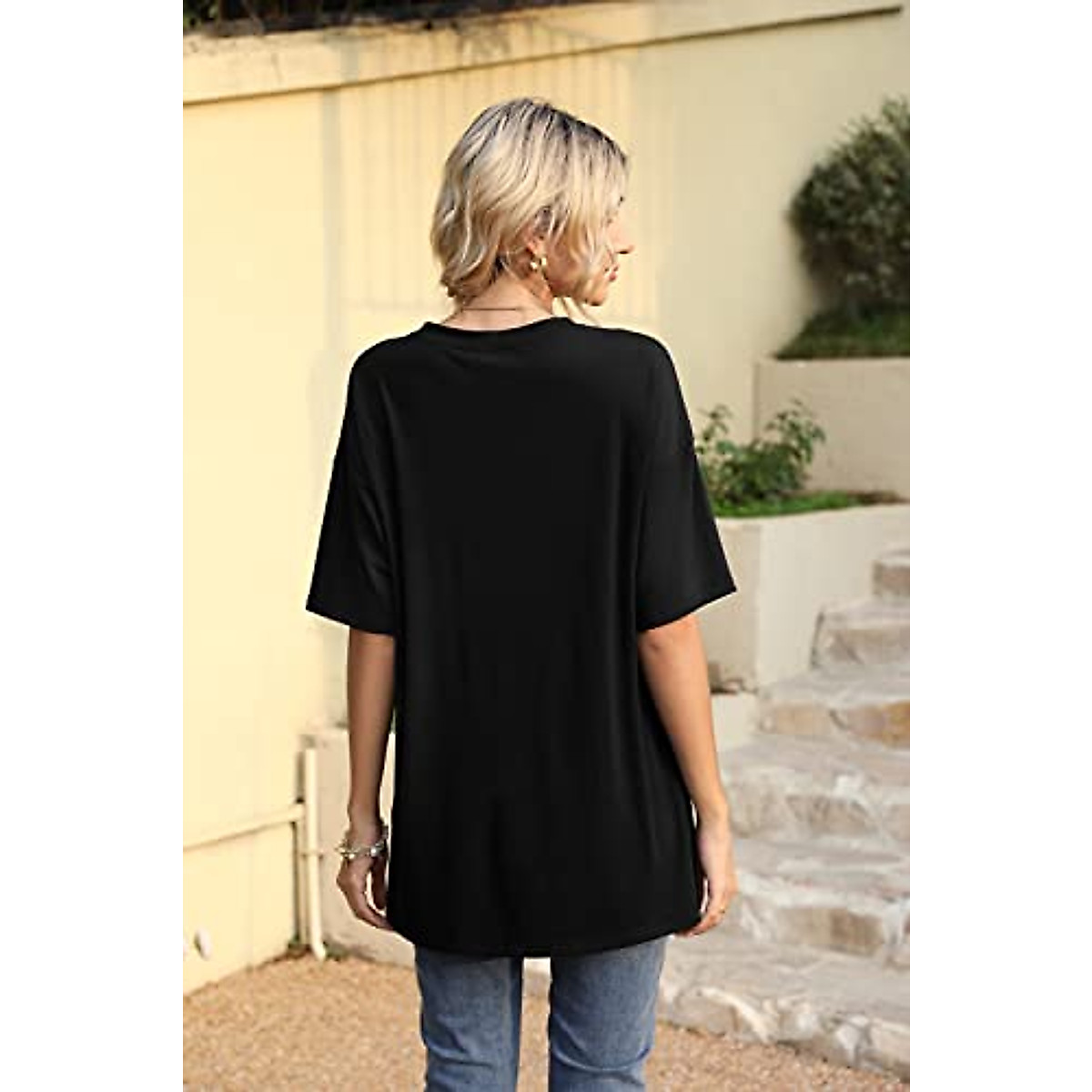 Iandroiy Womens Oversized Tees Loose T Shirts Half Sleeve V Neck Tops (Large, Black)