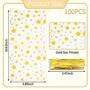 Cellophane Bags, 100 PCS Star Printed Cellophane Treat Bags, 10.7"X 5" Cello Goodie Bags Cookie Bags, Clear Party Favor Bags, Plastic Gift Wrap Candy Bags with Twist Ties for Birthday Wedding Bakery