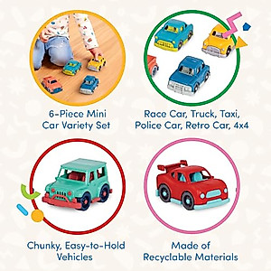 Battat- Wonder Wheels- Set of 6 Mini Toy Cars For Kids – Race Car, Truck, Taxi, Police Car, Retro Car, 4x4 – Pretend Play- Recyclable Materials - Mini Riders- 1 Year +