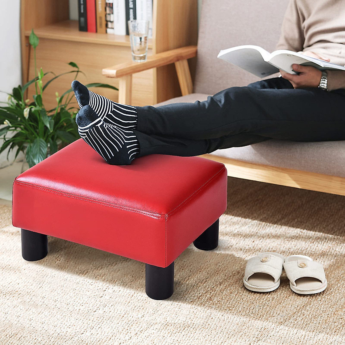 Julimoon Footrest Ottoman, Small PU Leather Stool w/Non-Skid Wood Legs, Modern Rectangular Footstool w/Padded Seat for Outdoor, Office, Living Room (Red)
