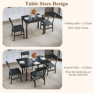 HUAHUU Dining Table Set for 4, Extendable Kitchen Table Cushion Chairs Set of 4, Rectangle Dining Table with Metal Frame & MDF Board, Folding for Small Apartment Saving Space, Black