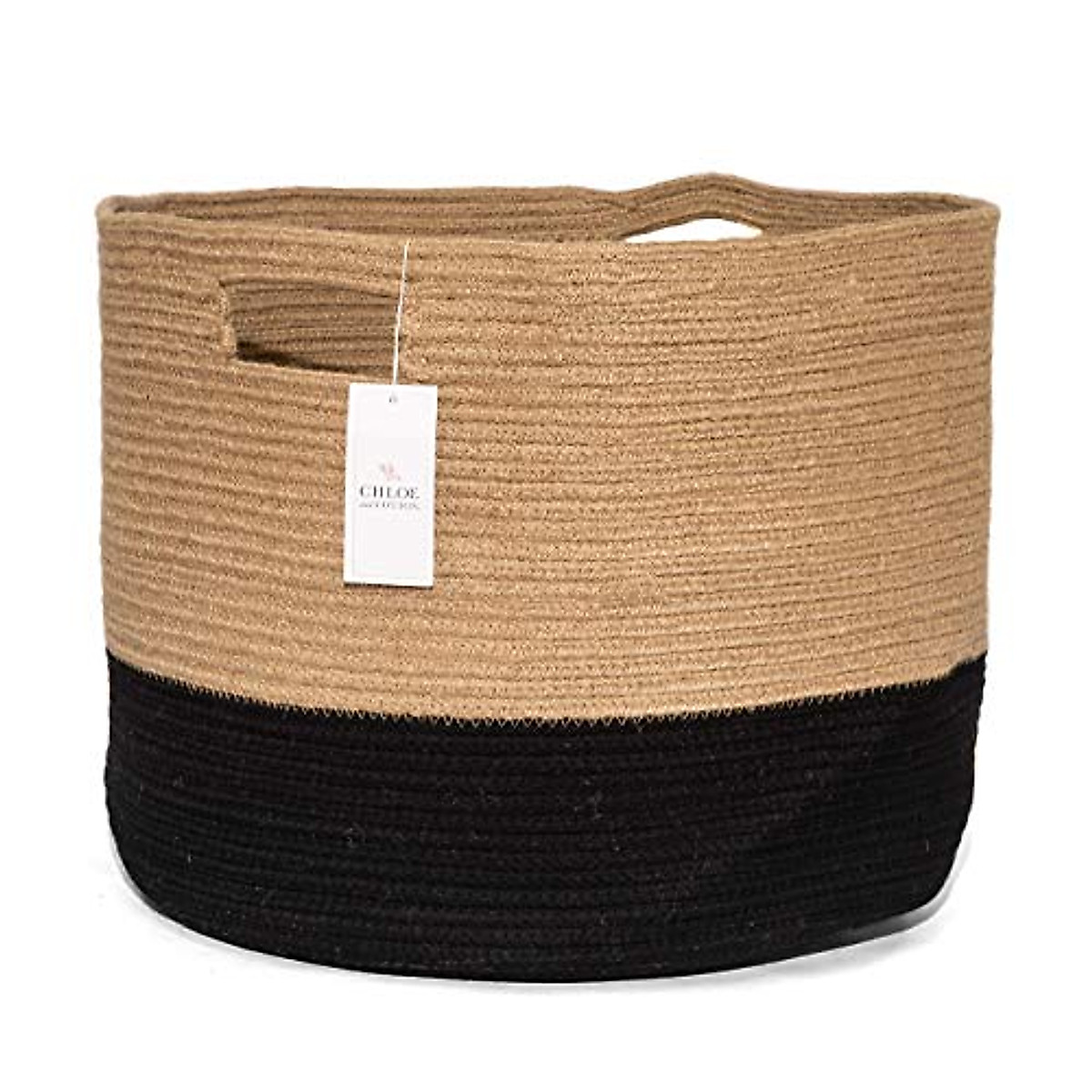 Chloe and Cotton XXXL Extra Large Woven Rope Storage Basket 15 x 21 inch Jute Black Handles | Decorative Laundry Clothes Hamper, Blanket, Towel, Baby Nursery Diaper, Toy Bin Cute Collapsible Organizer