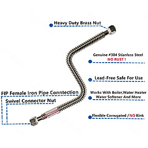EZ-Fluid 1-Inch FIP x 3/4-Inch FIP x 24-Inch Corrugated Flexible Stainless Steel Water Heater Connector For Female Iron Water Pipes Fitting (2-Pcs)