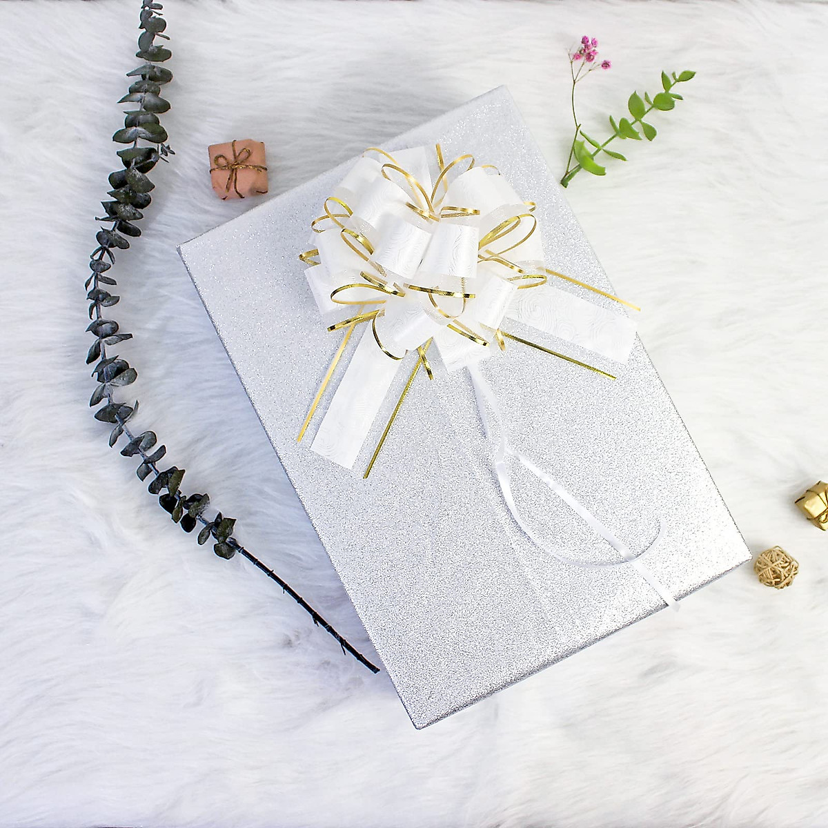 WEWILUCK Gift Bow for Gifts Wrapping, 10 PCS White Pull Bows with Golden Line for Christmas Tree, Xmas Presents, Wedding Decor, Basket Decoration, Birthdays, Holidays Present Wrap Supplies