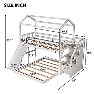 Harper & Bright Designs House Bunk Beds with Slide and Stairs Twin Over Full Bunk Bed Wood Playhouse Low Bunk Bed for Kids Girls Boys Teens, White