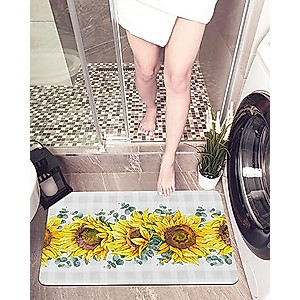 Sunflower Eucalyptus Bath Mat for Tub,Non Slip Bathroom Floor Runner Rug Quick Dry & Absorbent Diatomaceous Earth Shower Sink Kitchen Living Room Washable Doormat,Farmhouse Buffalo Plaid Grey 24"x36"