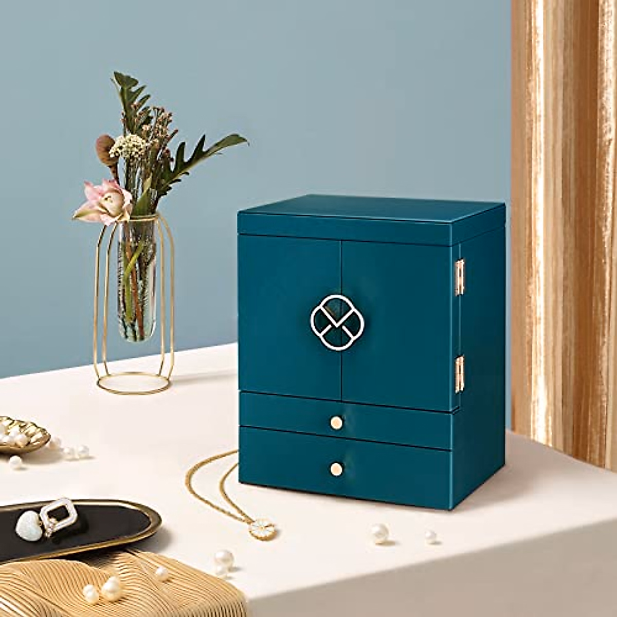 Vlando Jewelry Box Organizer Faux Leather Mirror Jewelry Storage for Women Large Jewelry Eaarring Necklace Watch Rings Boxes Case Christmas New Year Thanksgiving Gift Green