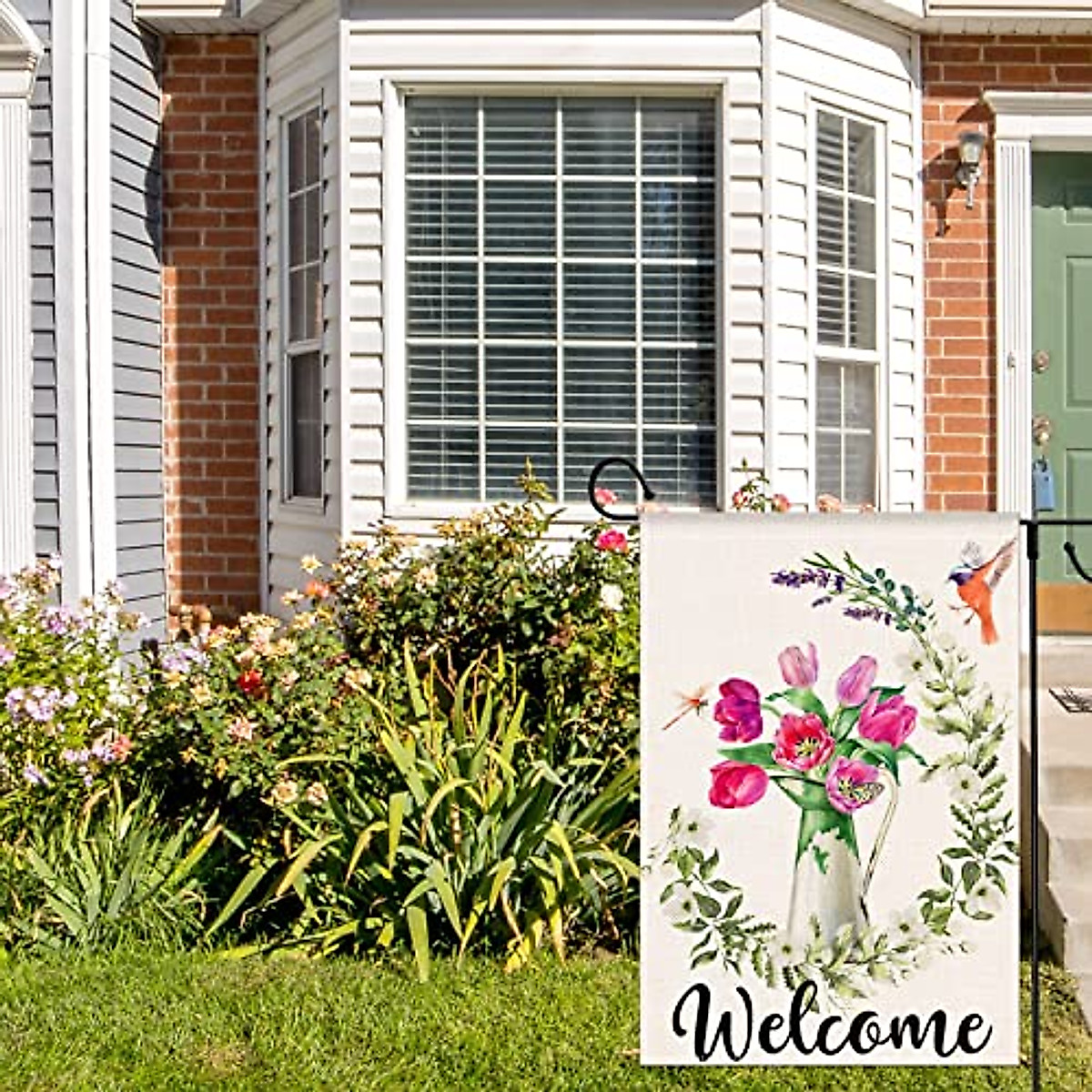 Pinknoke Spring Floral Garden Flag 12x18 Inch Small Size Vertical Double Sided, eucalyptus garland Tulip Burlap Summer Outdoor Seasonal Yard Welcome Decoration (Garden Size / 12.5 x 18 Inch)