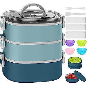 KHOXU Bento Lunch Box, Stackable 3 Layers Bento Box Adult Lunch Box, 94OZ Large Capacity Lunch Containers, Lunch Box Kids with Accessories Kit , Leak-Proof, Food-Safe Materials,Blue