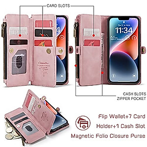 Defencase for iPhone 14 Case, iPhone 14 Wallet Case for Women Men, Durable PU Leather Magnetic Buckle Flip Strap Wristlet Zipper Card Holder Wallet Phone Cases for iPhone 14 [6.1-inch], Rose Pink