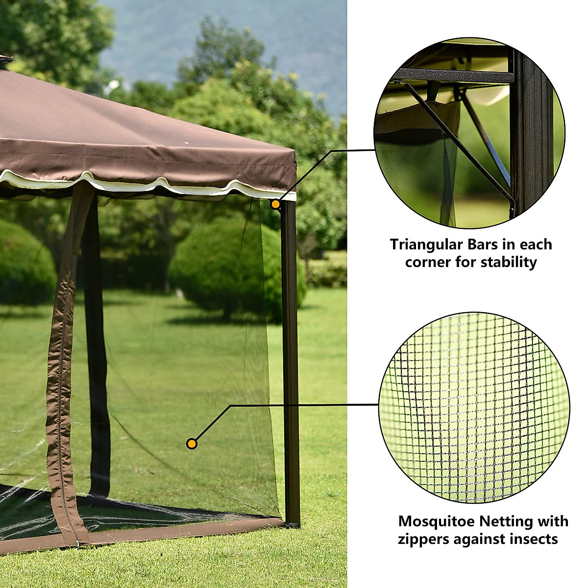 9.8' X 9.8' Patio Gazebo with Mosquito Netting, Outdoor Canopy with Screen, Gazebo Tent with Double Roofs for Party BBQ Grill Event, Brown