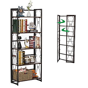 VECELO Bookshelf, 5 Shelf Folding Bookcase No Assembly, Industrial Metal Freestanding Shelves Rack Organizer for Living Room, Office, Bedroom, Kitchen, Set of 2, Dark Brown
