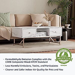 Cozy Castle Coffee Table with Drawers, 43" Mid Century Modern Coffee Table with Storage, Coffee Table with Metal Legs, Wood Small Coffee Table for Living Room, Bedroom and Office, White