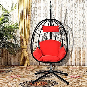 SEGMART Hanging Egg Chair with Stand and UV Resistant Cushion, Indoor Outdoor Wicker Swing Egg Chair, Hammock Egg Basket Chair for bedrooms, Balcony,Patio,Garden (Red)