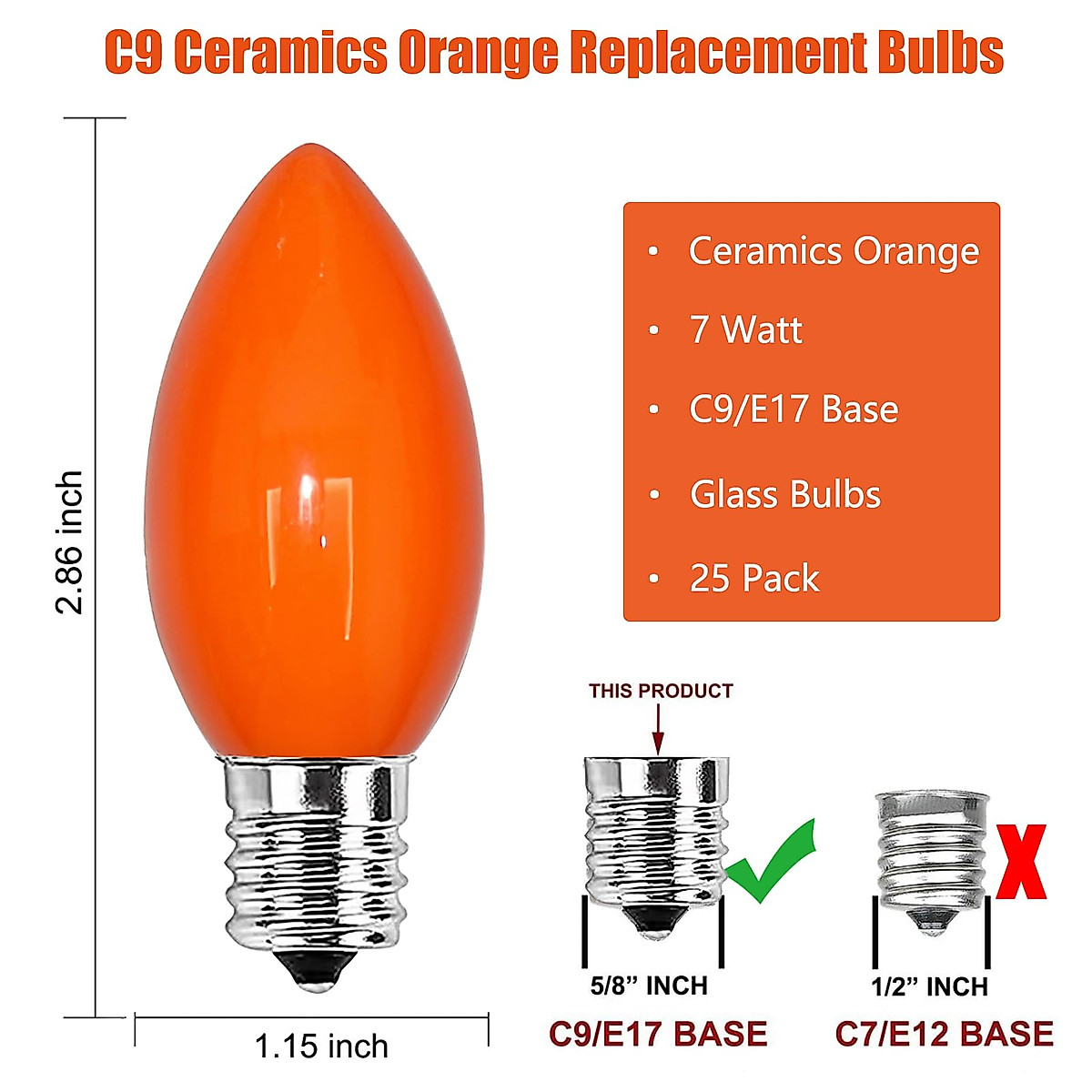 SUNSGNE 25 Pack C9 Orange Outdoor Halloween Night Light Bulbs, C9 Christmas Tree Lights for Indoor Outdoor Patio String Lights, E17/C9 Intermediate Base, 7 Watt, Ceramic Orange