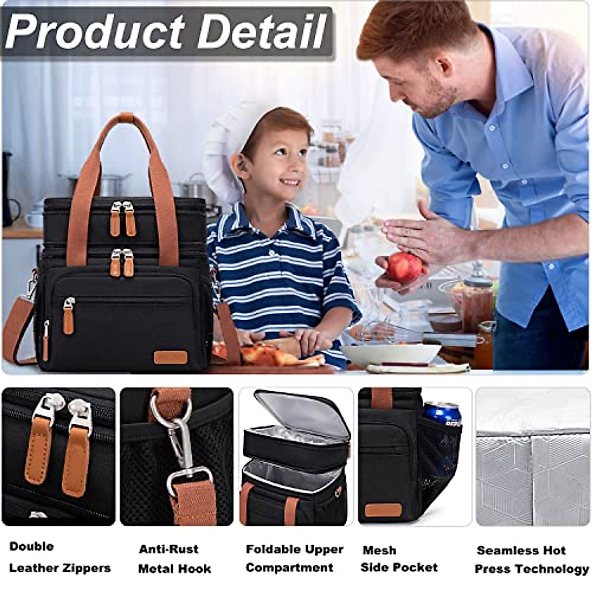 Weitars Lunch Bag For Women Men-Dual Compartment Large Lunch Box For Men Adult Lunch Box For Nurse Office Working Picnic Hiking (15L, Black/kahki)