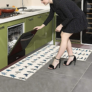 Birds Florals Kitchen Rugs Set of 2 Non-Slip,Retro Blue Plaid Boho Polka Dot Water-Absorbing Runner Carpet Area Mat for Bedroom Bathroom Indoor Use Rubber Backing Accent Throw Low Pile Washable Medium