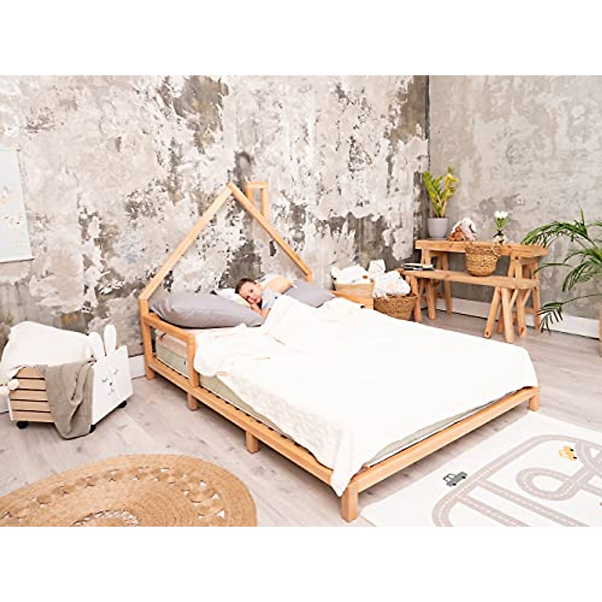 BUSYWOOD Toddler Bed - Alder Wood Bed for Kids - Montessori Twin Bed - Montessori Bed - House Bed Frame - Montessori Full Size Bed Frame (Model 3, Legs&Slats, Natural Wood)