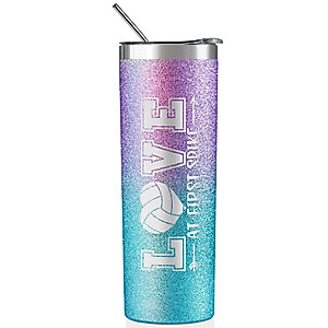 Onebttl Volleyball Gifts for Teen Girls & Team, Stainless Steel Kids Volleyball Tumbler, Double Wall Vacuum Insulated Bottle with Lid and Straw 20oz - Love at first Spike (Glitter Purple Blue)