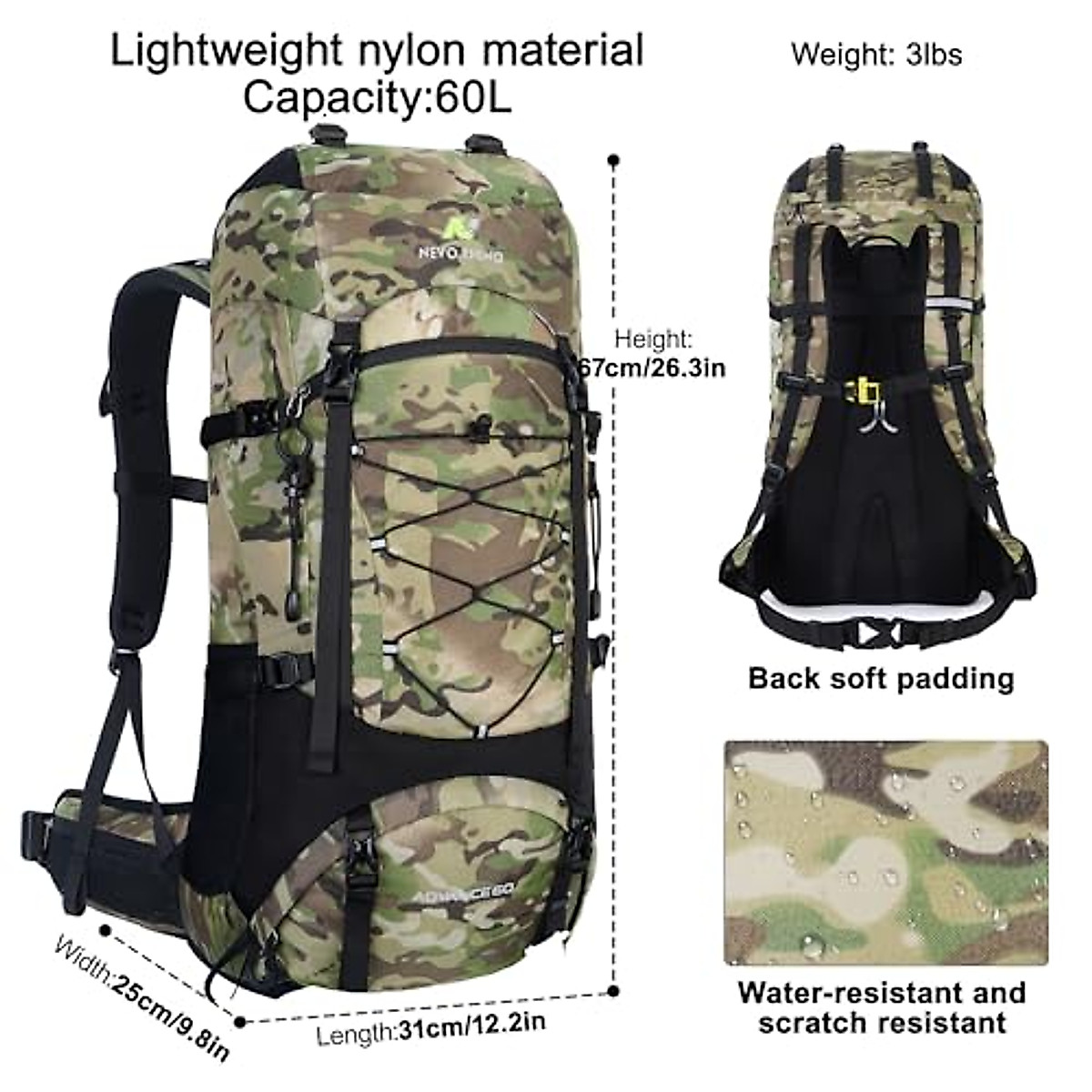 N Nevo Rhino Waterproof Hiking Backpack 50L/60L, Camping Backpack with Rain Cover, High Performance Hiking Travel Mountaineering Pack
