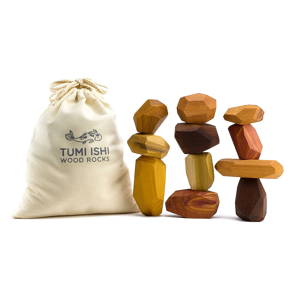Tumi Ishi 11 Piece Wood Rock Set - Mixed Wood Species - Balancing Blocks - Natural Wood Toy - Organic Jojoba oil and Beeswax Finish - Handmade Wooden Toys - Sensory Toy - USA Made - Personalizable