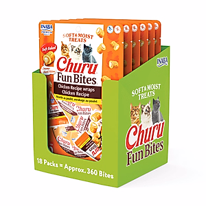 INABA Churu Fun Bites for Cats, Soft & Chewy Baked Chicken Wrapped Filled Cat Treats with Taurine, 0.42 Ounces Each Tetra, 18 Tetras (3 per Bag), Chicken Recipe