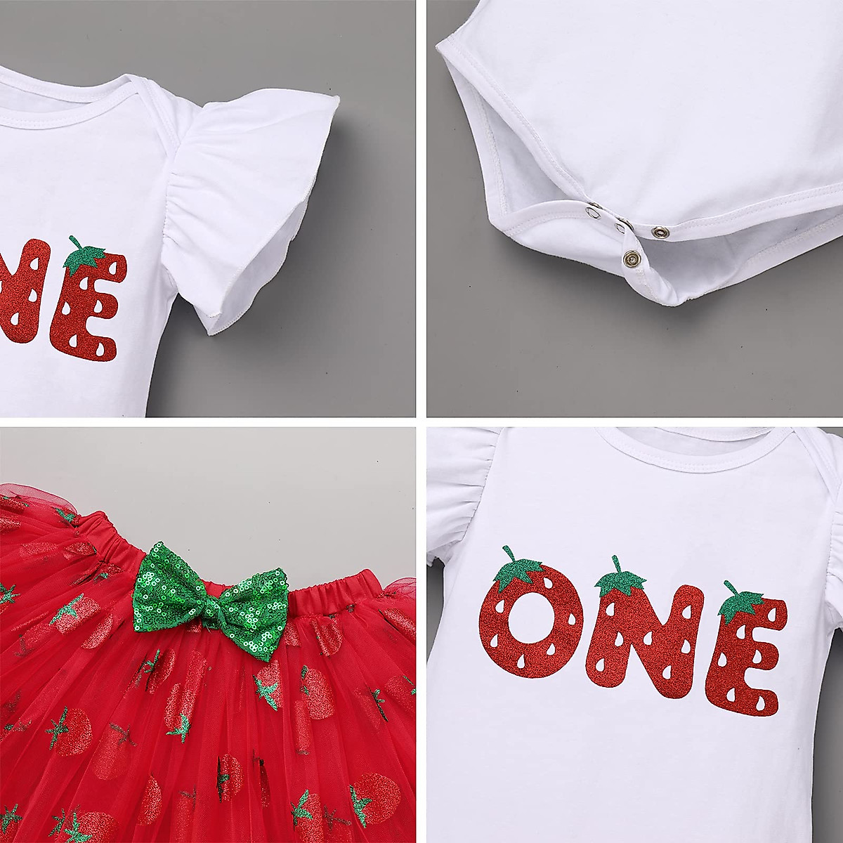 ODASDO Baby Girls Strawberry 1st First Birthday Outfit One Year Old Party Cake Smash Set Fly Sleeve Romper Bodysuit Princess Tutu Tulle Skirt Bowknot Headband Leg Warmers Photo Props 4pcs One 1 Year