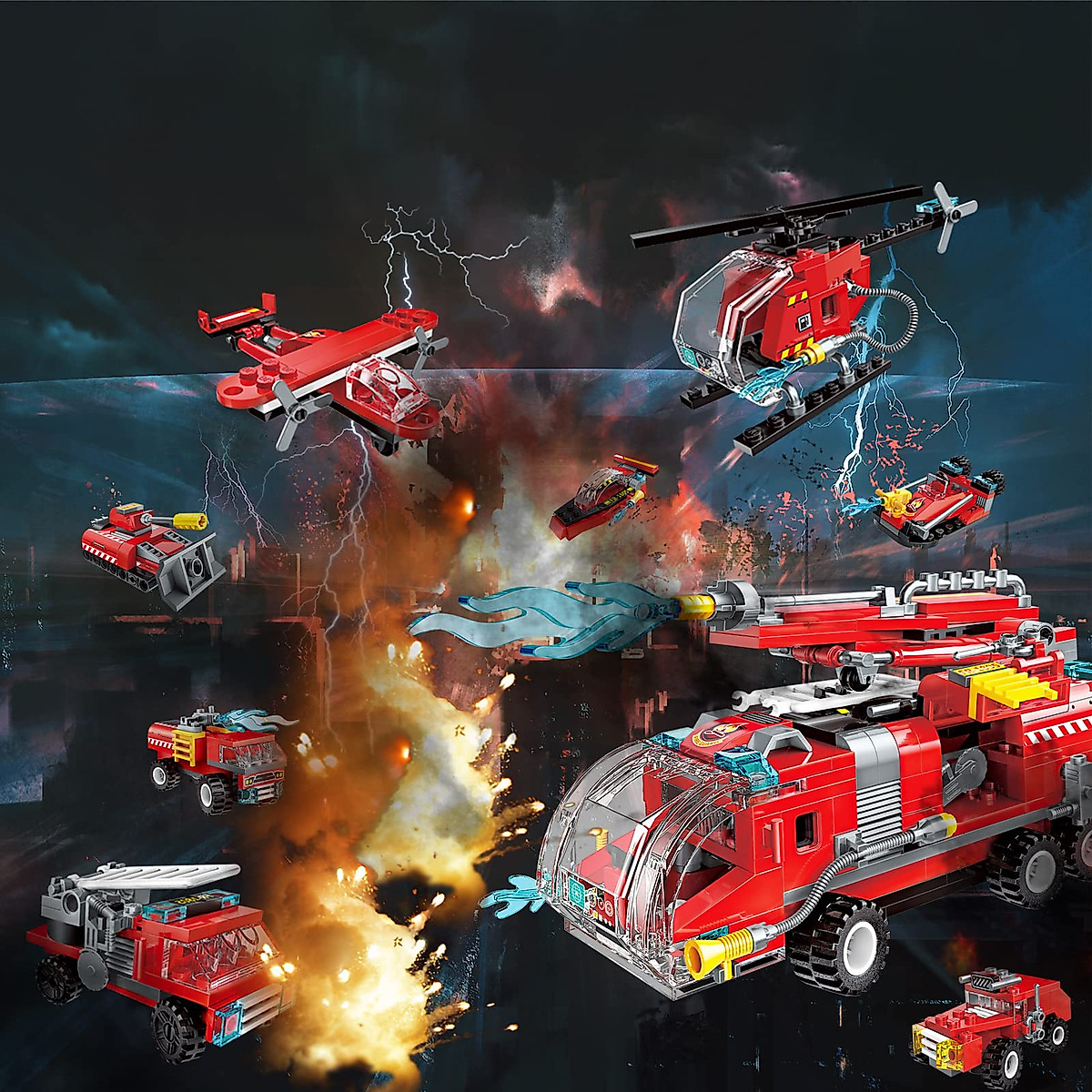 QLT QIAOLETONG City Fire Truck Building Kit for Kids 6-12 Years Old, Compatible with City Fire Truck 8-in-1 Building Block, Fire Helicopter Toys Building Sets.(313 PCS)