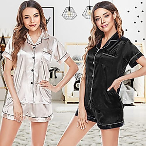 VeMee Women's Silk Satin Pajama Set Two-piece Pj Sets Button Down Long Sleeve Sleepwear Pj Set Black