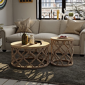 COZAYH Farmhouse Coffee Table, Distressed Wood Top Table with Curved Motif Frame Base for Boho, Rustic, French Country, Round, Natural