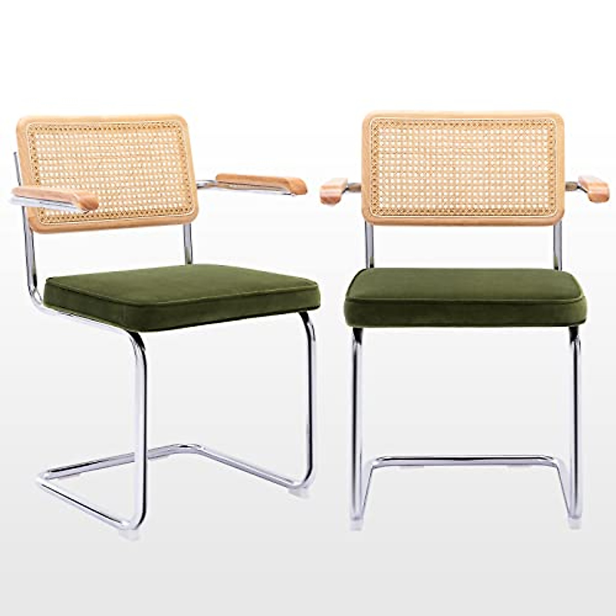 Zesthouse Rattan Dining Chairs with Arms, Mid-Century Modern Dining Chairs Set of 2, Accent Chairs with Metal Chrome Legs and Armrest, Velvet Upholstered Cane Armchairs for Living Room, Kitchen,Green