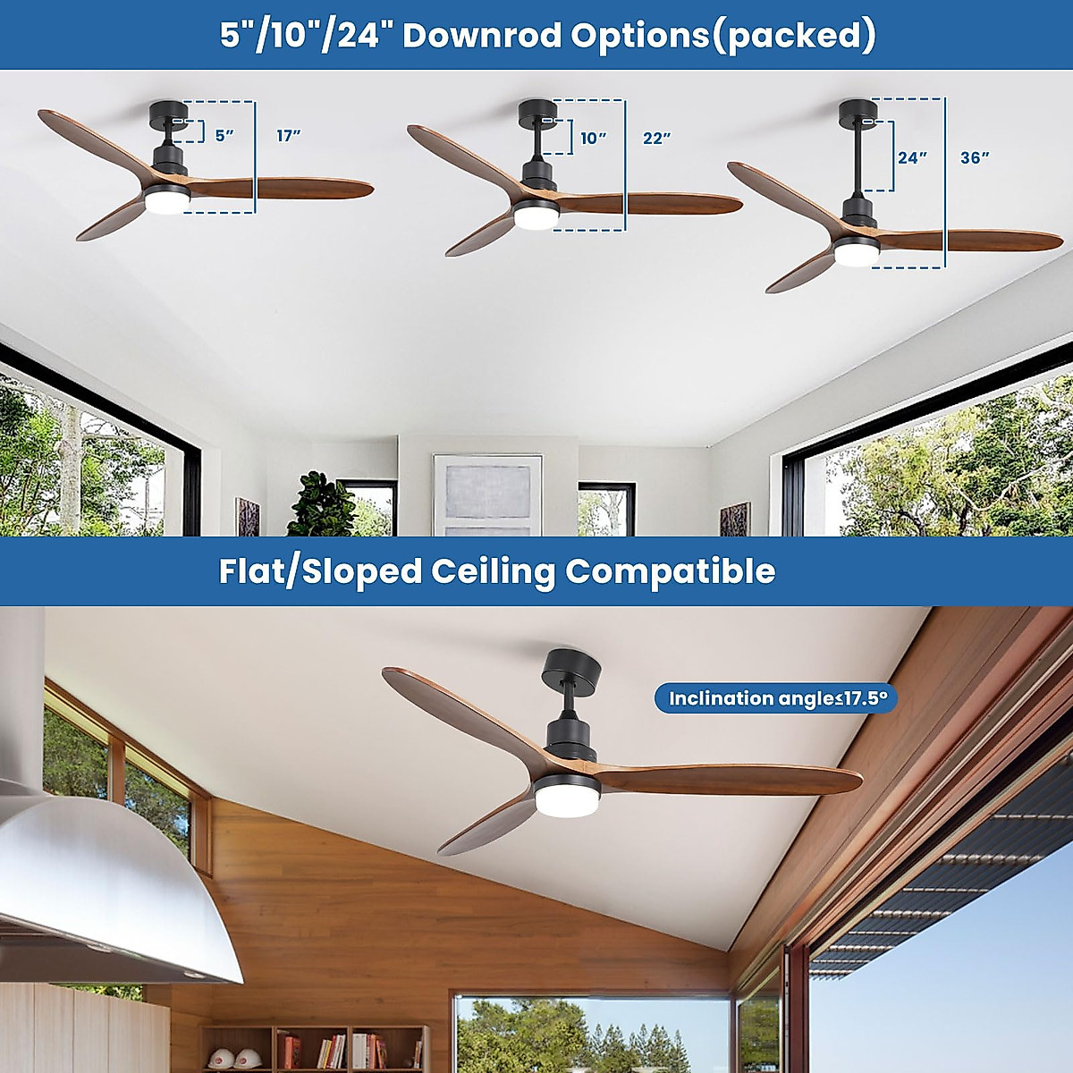 Sofucor 60" Wood Ceiling Fan with Light and Remote, Dimmable LED Ceiling Fan, Noiseless DC Motor, 3 Oil Rubbed Bronze Blades, for Indoor or Covered Outdoor, Matte Black
