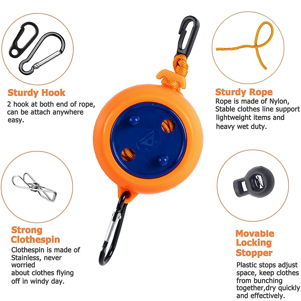 Portable Travel Clothesline Cord, Adjustable Camping Clothes line, Heavy Duty Washing Line with 20 Clothespins & 10 Stoppers for Indoor/Outdoor, Camping, Travel, Courtyard 26ft, 2Pack