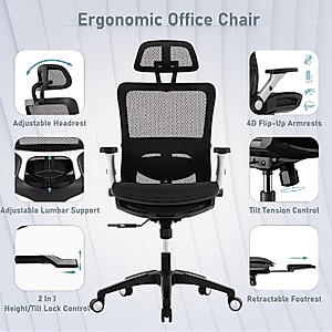 Ergonomic Mesh Office Chair with Footrest, High Back Computer Executive Desk Chair with Headrest and 4D Flip-up Armrests, Adjustable Tilt Lock and Lumbar Support-Grey