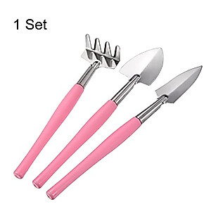 MECCANIXITY Gardening Tools 3 Pack Iron Spade Rake Transplanting Plants Care Digging Kits, Pink