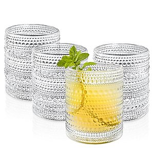 UPZAI 12oz Vintage Drinking Glasses Set of 4, Kitchen Glassware Old Fashioned Glass Cups, Aesthetic Water Cups for Beside Beverage Juice Coffee Beer Cocktail Whiskey (Clear)