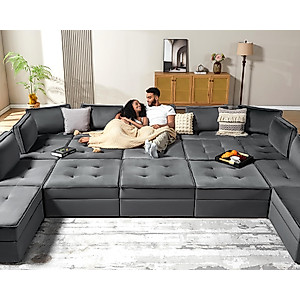 PaPaJet Sectional Sofa, 6 Seater Modular Sectional Couch- Convertible U Shaped Sectional Sofa Couch, 32" Seat Depth Oversized Couch for Living Room, Office (Velvet,Grey)