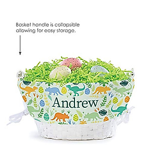 Dino Pattern Personalized Easter Egg Basket with Handle and Custom Name | Green Easter Basket Liners | White Basket | Woven Easter Baskets for Kids | Customized Easter Basket | Gift for Easter