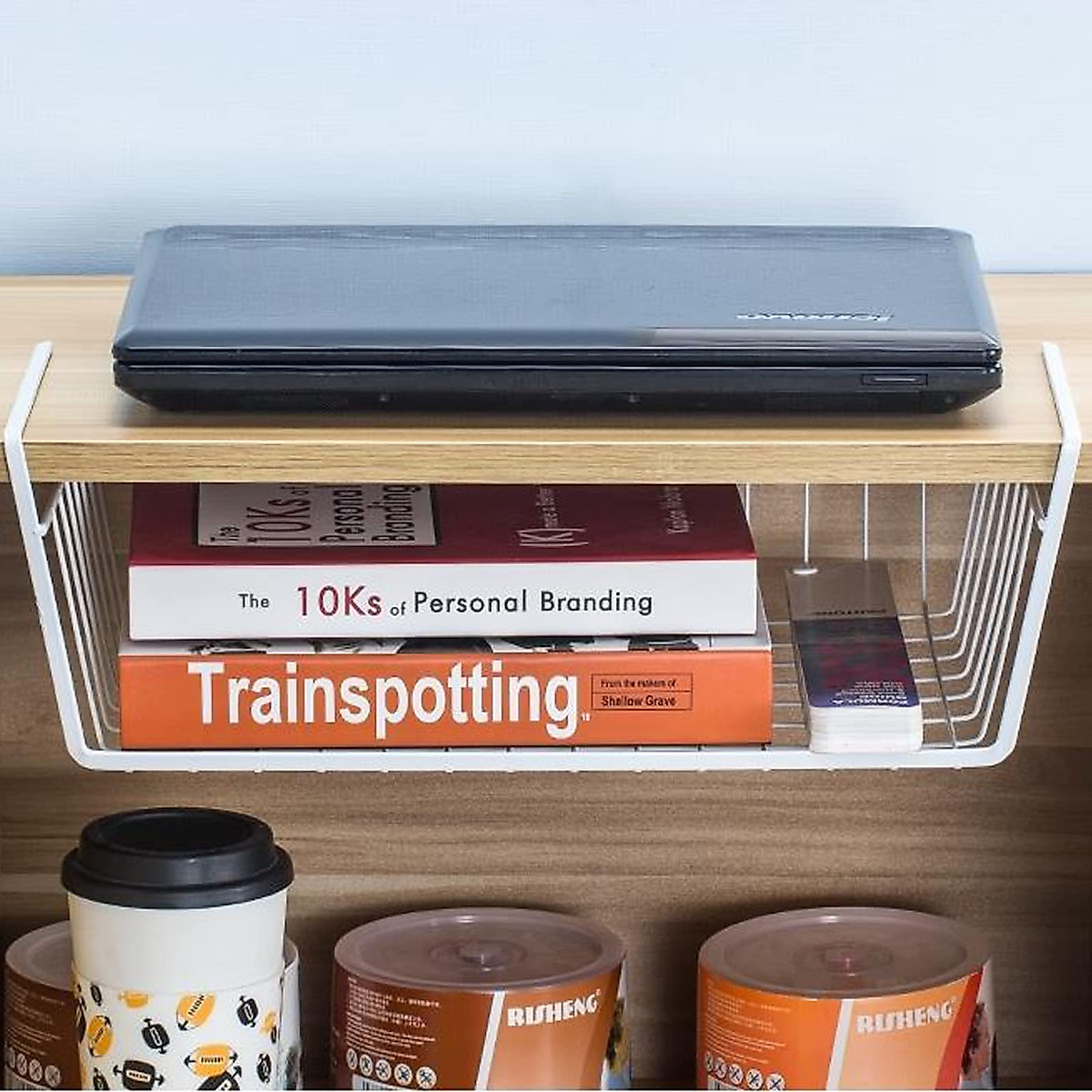 ELEATTRUN Under Shelf Basket, 2 x Medium Metal Wire Kitchen Storage Basket, Space Saving Sliding Organizer for Pantry, Cabinet & Closet Shelves, 22 lb Capacity, White