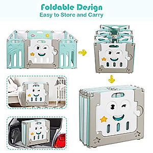 HONEY JOY Baby Play Yards, 14 Panel Foldable Baby Playpen, Anti-Slip Base & Lockable Safety Gate, Indoor Large Baby Fence Play Area for Babies and Toddlers (Green, 14 Panel)