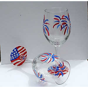 Fireworks USA American Flag Hand Painted Stemmed Wine Glasses Set of 2