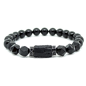 Handmade Natural Stone Black Tourmaline & Black Onyx Beaded Bracelet Men's and Women's