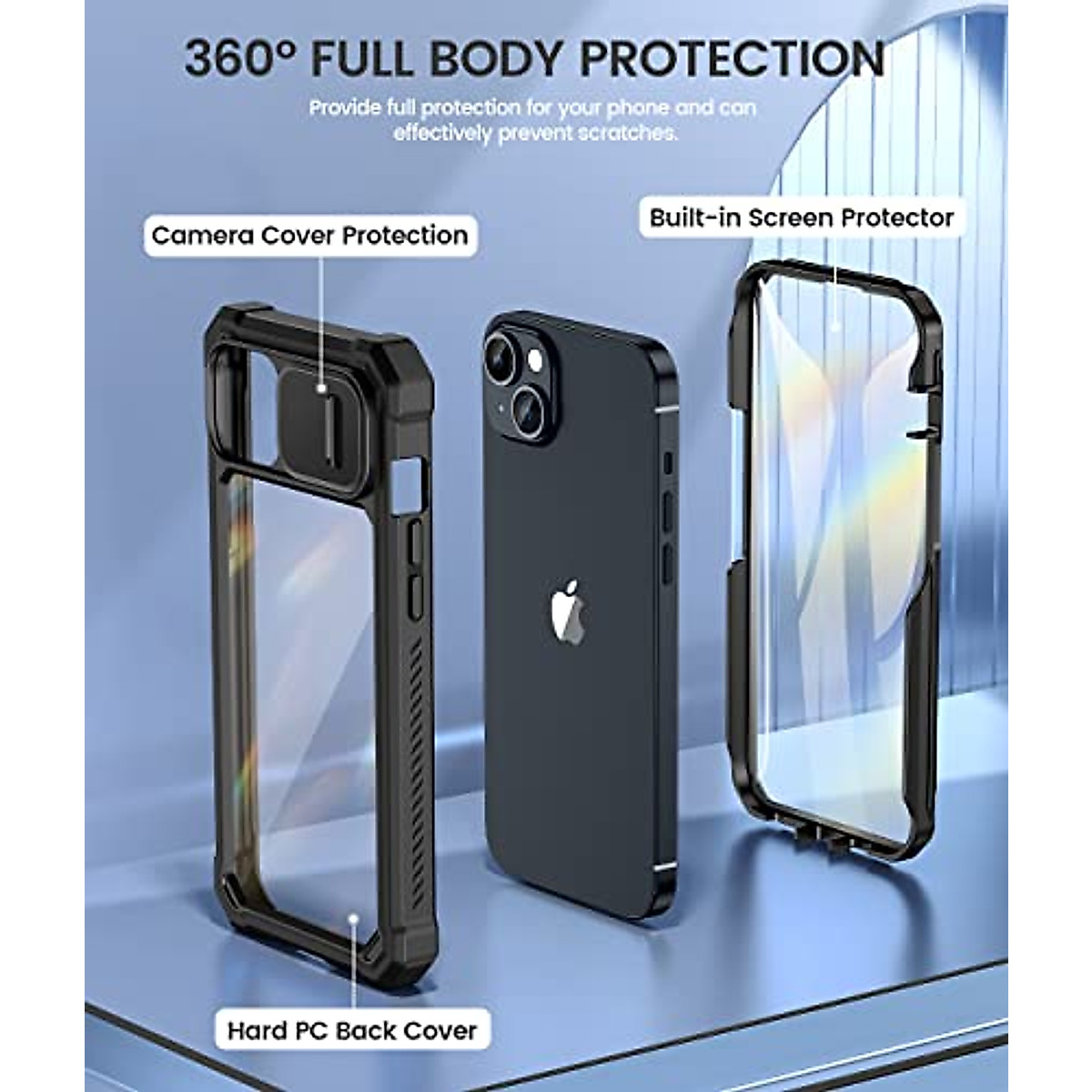 Caka for iPhone 14 Case, iPhone 13 Case with Screen Protector & Slide Camera Cover Heavy Duty Shockproof Phone Case for iPhone 13 iPhone 14 6.1 inches, Black