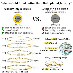 Gokeey Gold Ankle Bracelets for Women 14k Real Gold Layered Anklet Set Waterproof Paperclip Satellite Mirror Figaro Cuban Chain Beach Anklet Bracelet Jewelry Adjustable Size 5pc