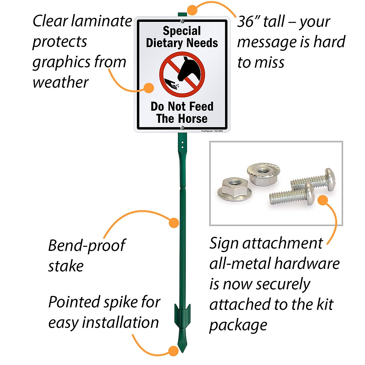 SmartSign 12 x 10 inch “Special Dietary Needs - Do Not Feed The Horse” LawnBoss Yard Sign with 3 foot Stake, 40 mil Laminated Rustproof Aluminum, Red, Black and White, Set of 1, Made in USA